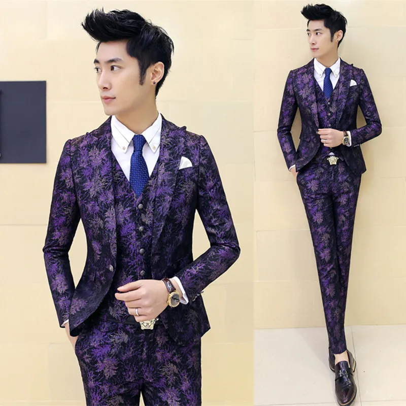 2019 Personality floral suit male Korean slim young stylist suit three ...