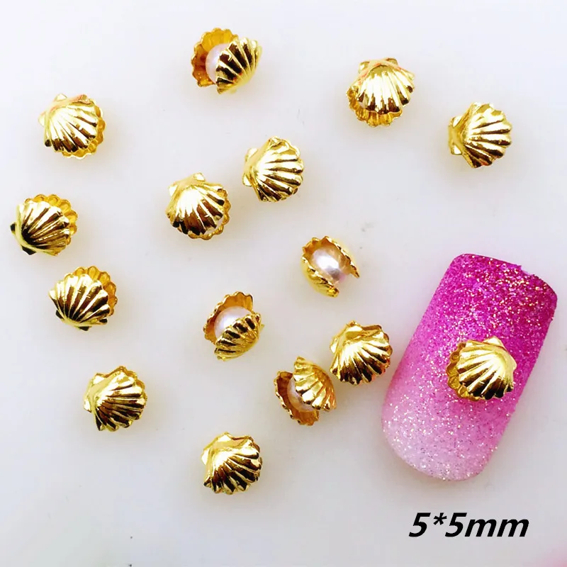 10Pcs/Lot 5*5mm Gold Clam Shells with Pearl Metal Alloy Nail Art ...