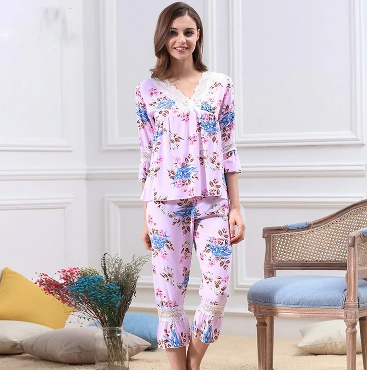 New cotton summer pajamas V collar lace comfortable breathable pajamas ...
