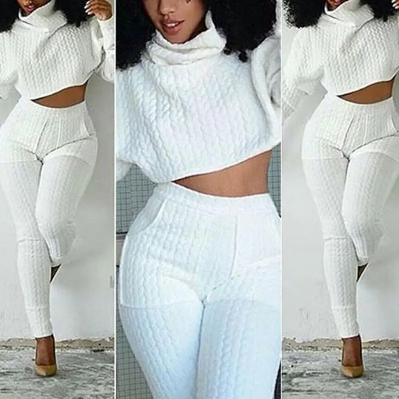 Winter 2pcs Suits Women Warm Suit Turtleneck Cropped Top Long Sleeve
