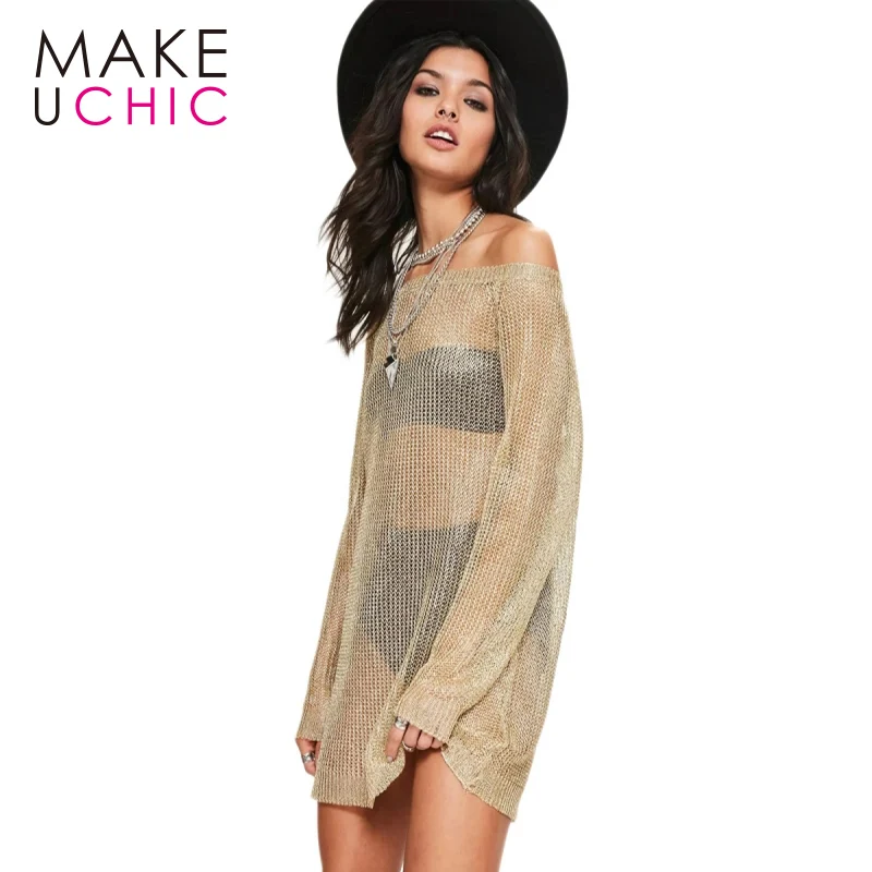 Makeuchic Apparel Women Sweaters Sexy Sheer Mesh Slash Neck Female Tops