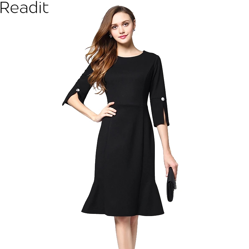 Readit Office Mermaid Dress Women Vintage Spring Solid O neck Zipper ...