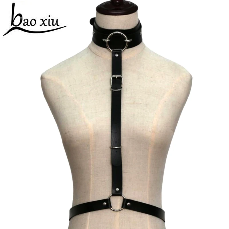 harness punk metal ring wide collar around neck adjustable buckles ...