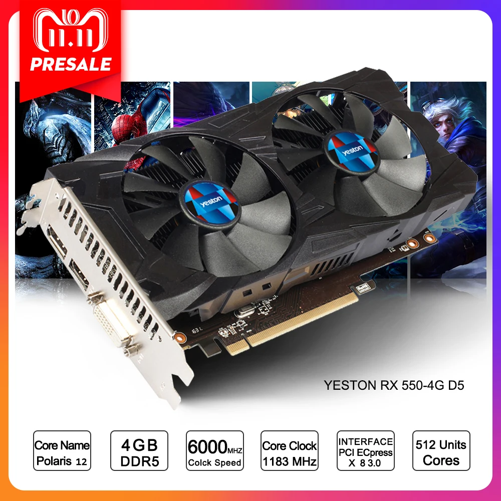 Yeston Radeon RX 550 GPU 4GB GDDR5 128bit Gaming Desktop computer PC ...