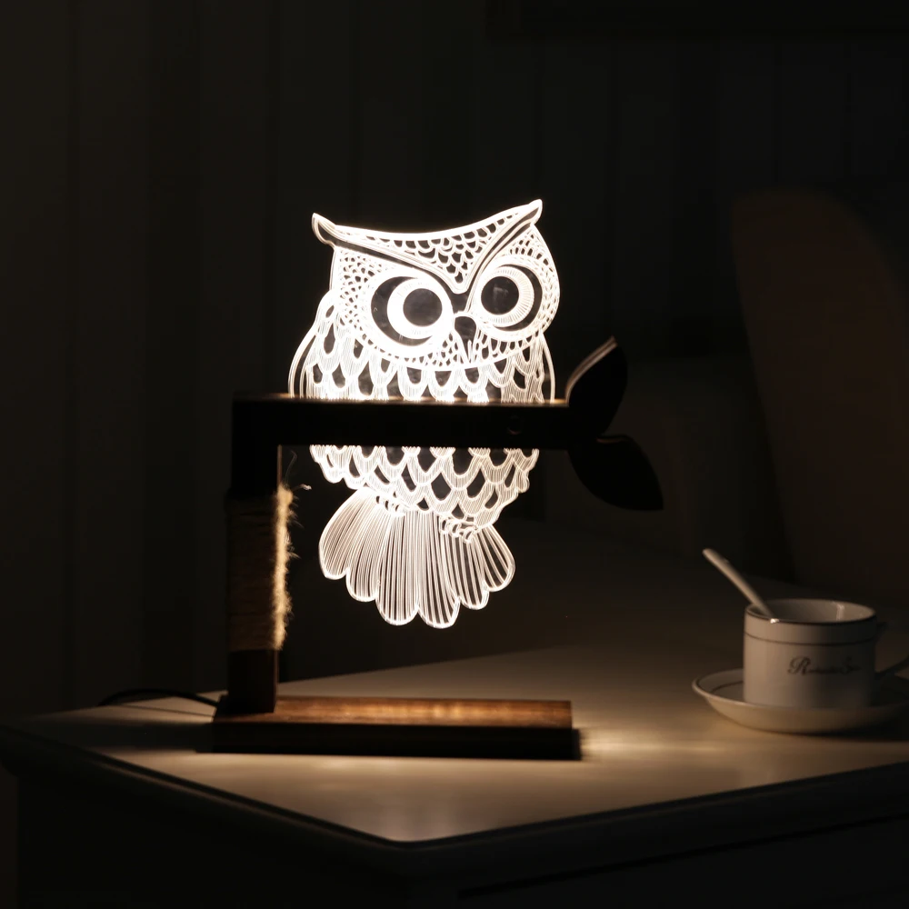 Creative 3D Owl Desk Lamp Bedroom LED Night Light Wood Acrylic Panel ...