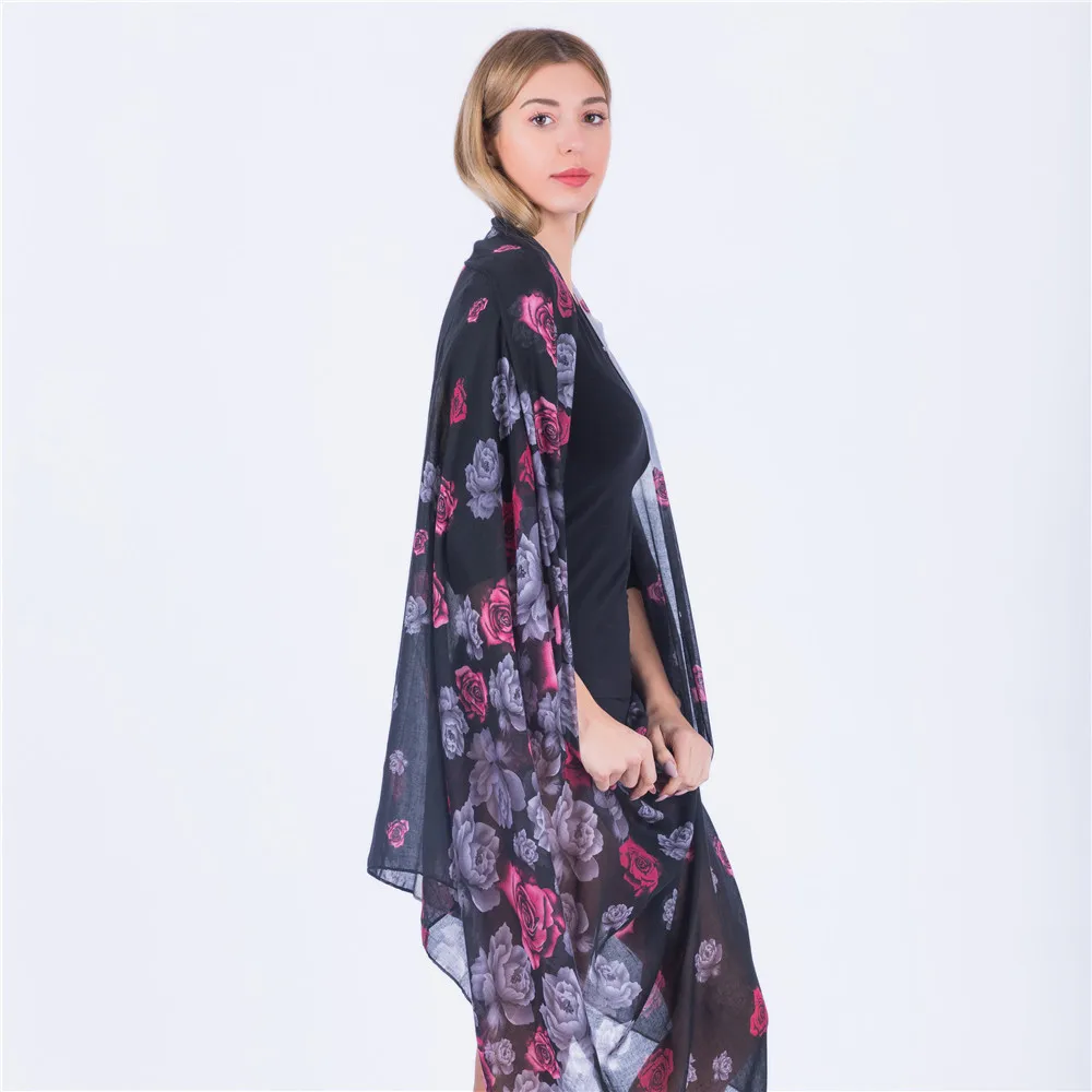 Black Scarf Long Shawl Women Vintage Pashmina Floral Beach Scarf Air ...