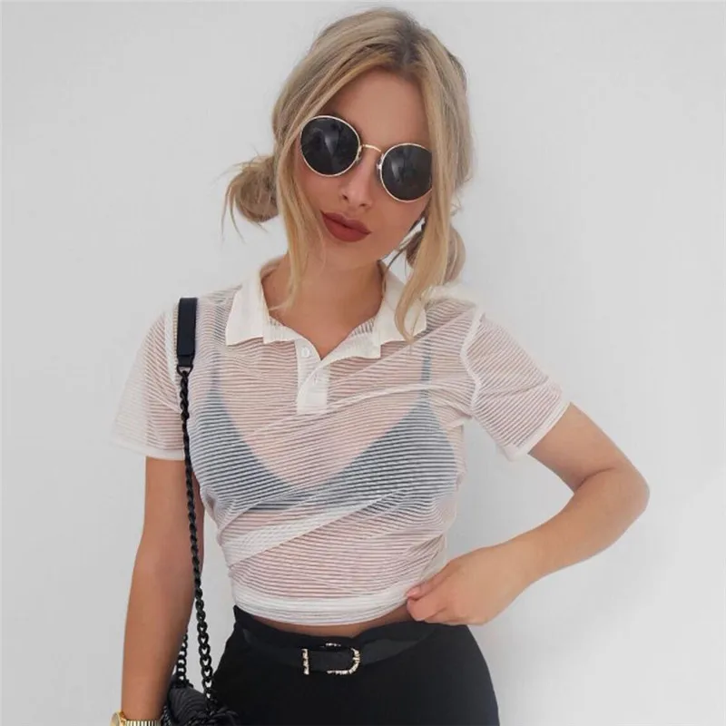 2018 New Solid School Transparent T Shirts Females Turn down neck Mesh ...
