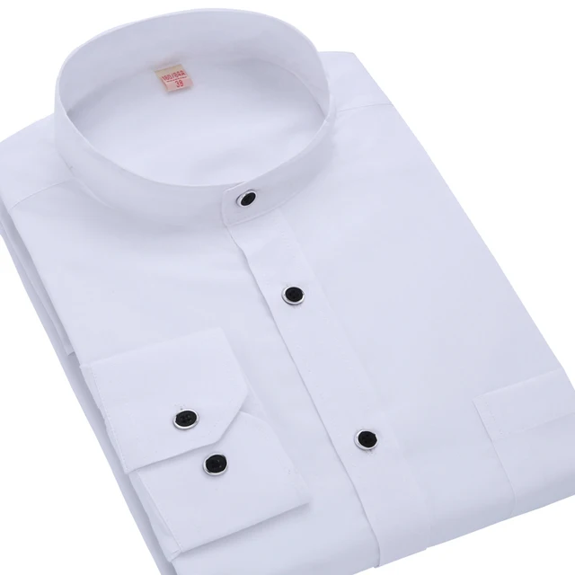 Solid Color White Mandarin Collar Long Sleeve Men Dress Shirts High