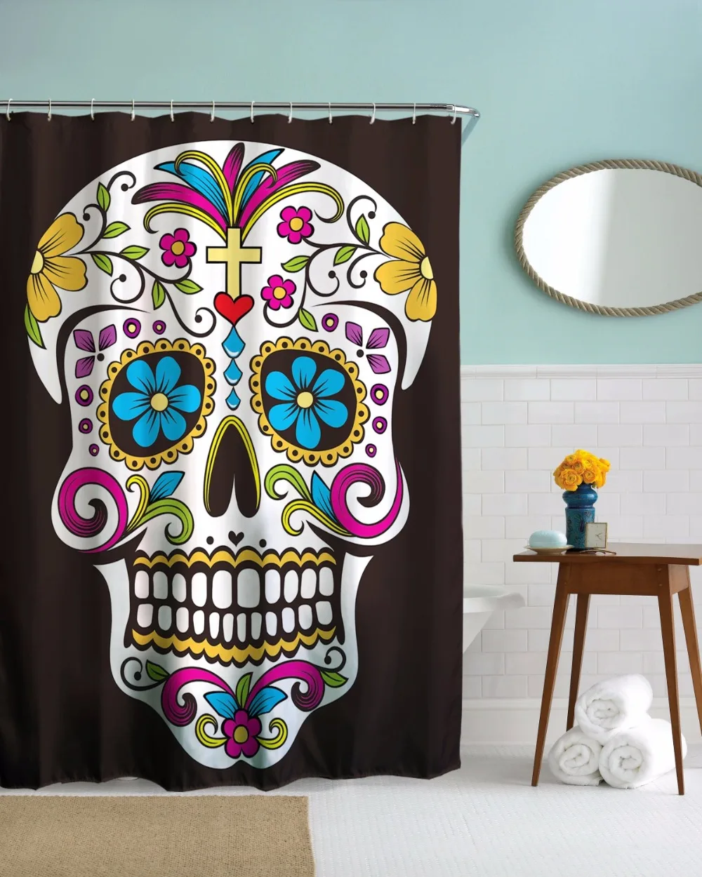 Flowers Skull Bathroom Shower Curtains Waterproof Polyester Fabric Bath