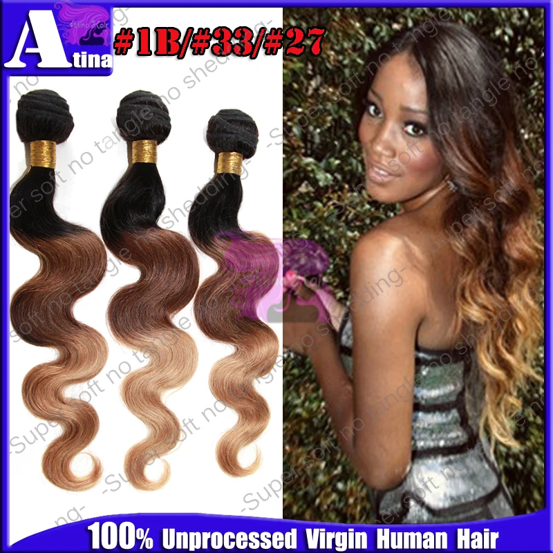 6A three tone color #1b #33 #27 ombre hair extensions brazilian virgin ...