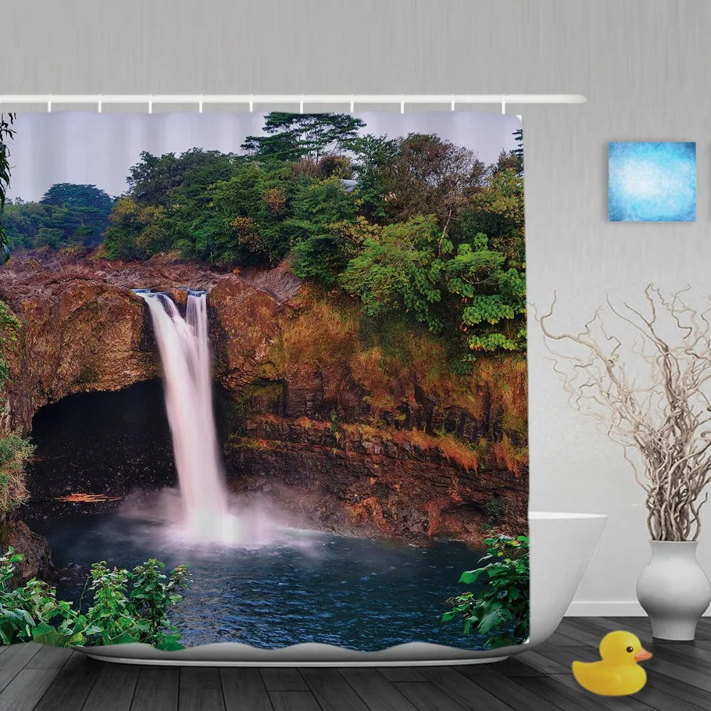 3d Printing Auttum Waterfall Scene Shower Curtain Stone Tree Bathroom