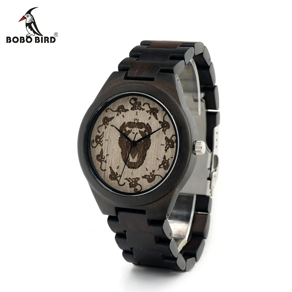BOBO BIRD Men sized Wooden Watch CdI25Men Monkeys Dial Face Ebony Band ...