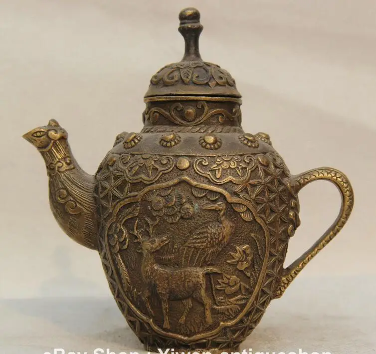 5" Old Marked Chinese Palace Copper Deer Crane Phoenix Head Wine Tea ...