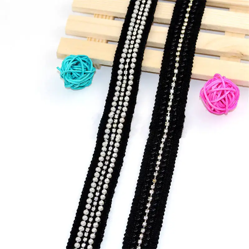 DoreenBeads Black Imitation Pearl Ribbon Lace Beaded Lace Rhinestones ...