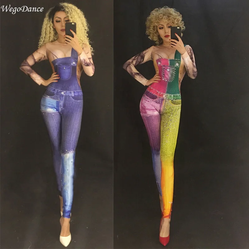 Denim Printed Jumpsuit One Piece Big Stretch Bodysuit Womens Sexy Dance Costume Female Singer