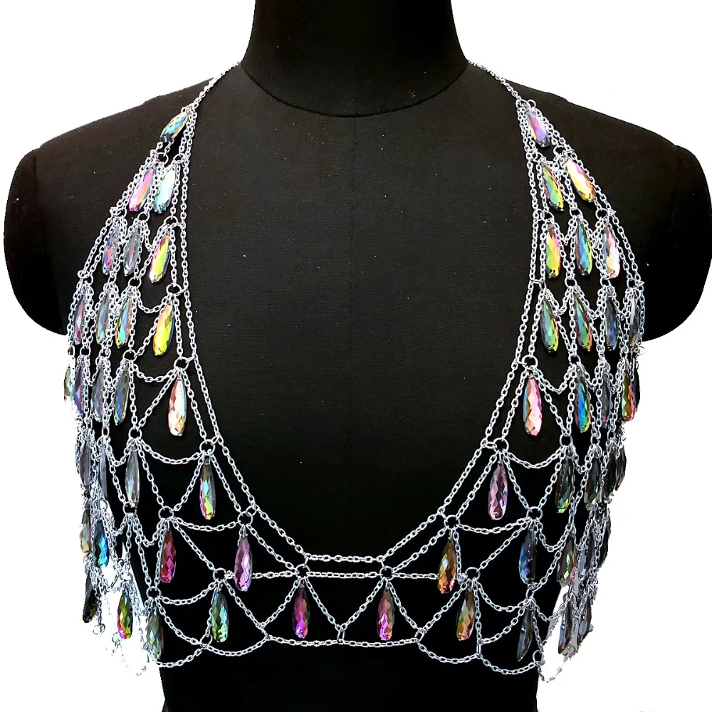 Crystal Beaded Disco Exotic Tanks Crop Top Chain Belly Waist Halter Necklace Rave Bra Festival