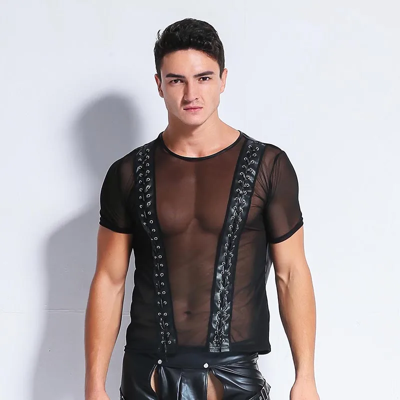Exotic Gays Sexy Tanks Mesh And Pvc Leather Latex Men Flirt Costume Pole Dancing Apparel Adult