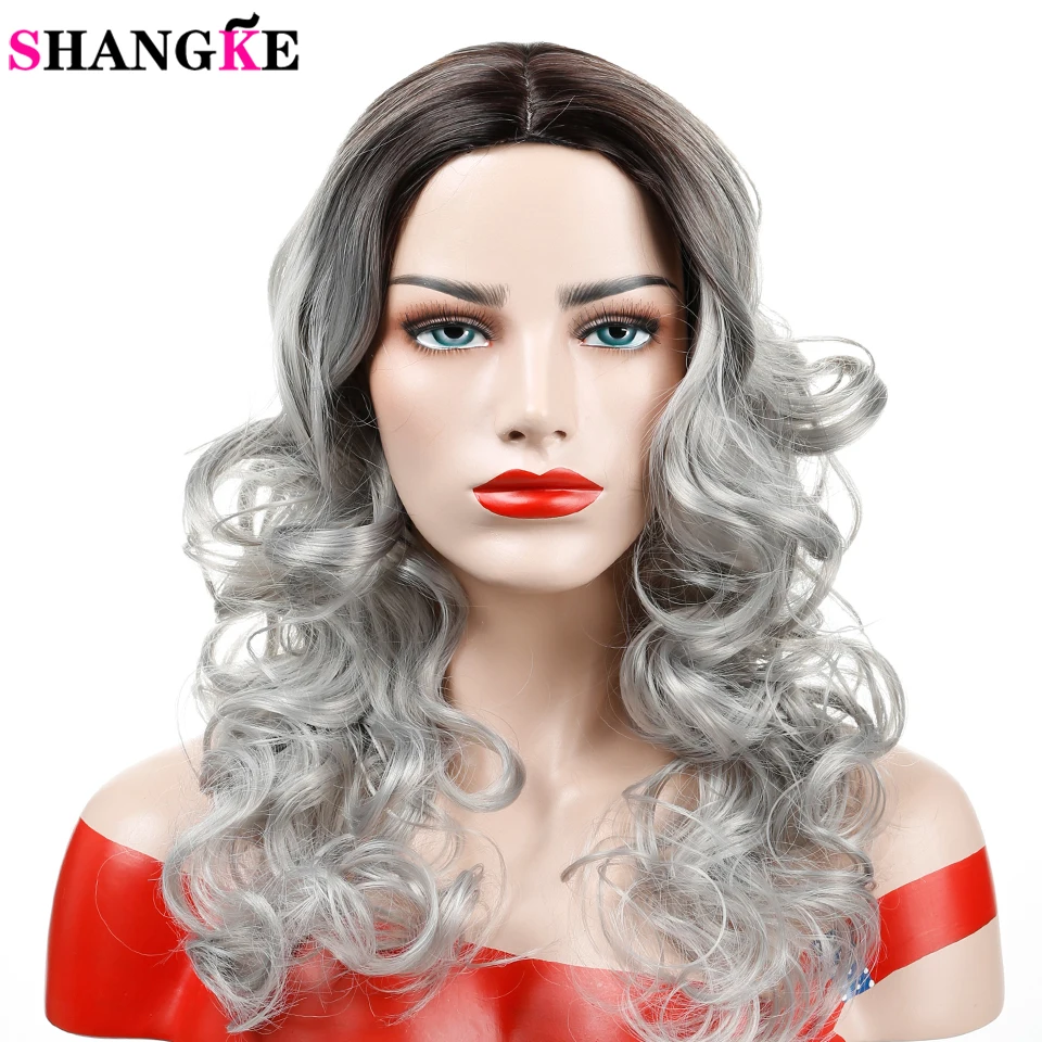 SHANGKE Ombre Gray Wig 26 inch Long wavy african american Synthetic ...