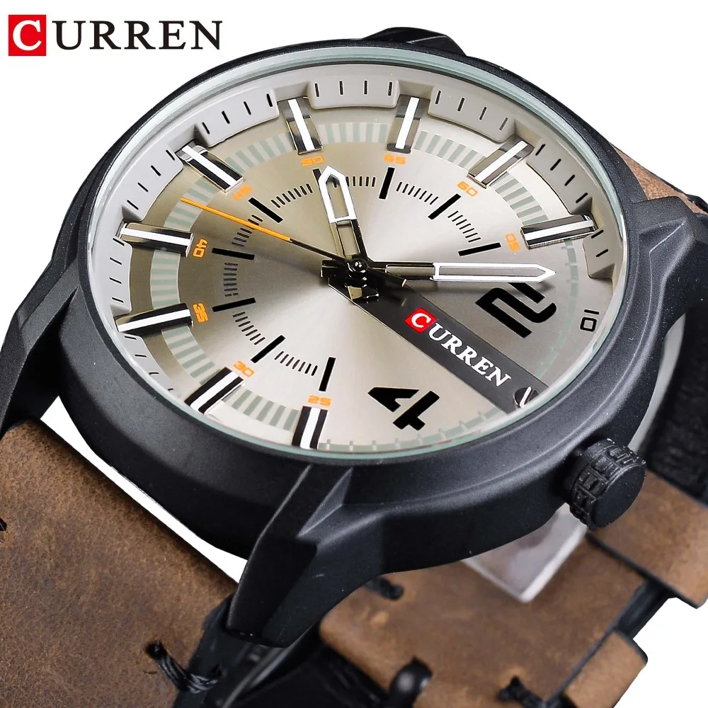 Curren relógio de pulso de couro genuíno marrom, relógio de marca de ...