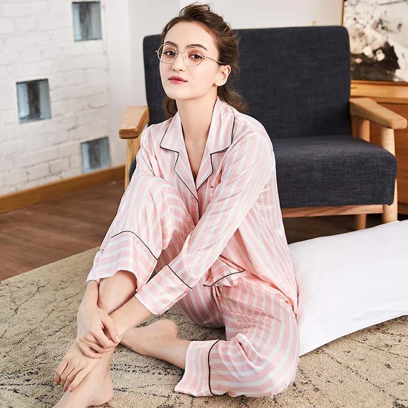 PS0111 Spring Autumn Women Pajamas Striped Pyjama Nightwear Lady Satin ...