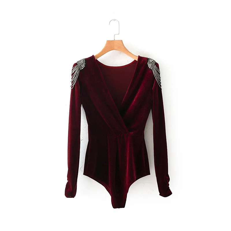 2018 Autumn V Neck Sexy Velvet Bodysuit Solid Women Elegant Long Sleeve
