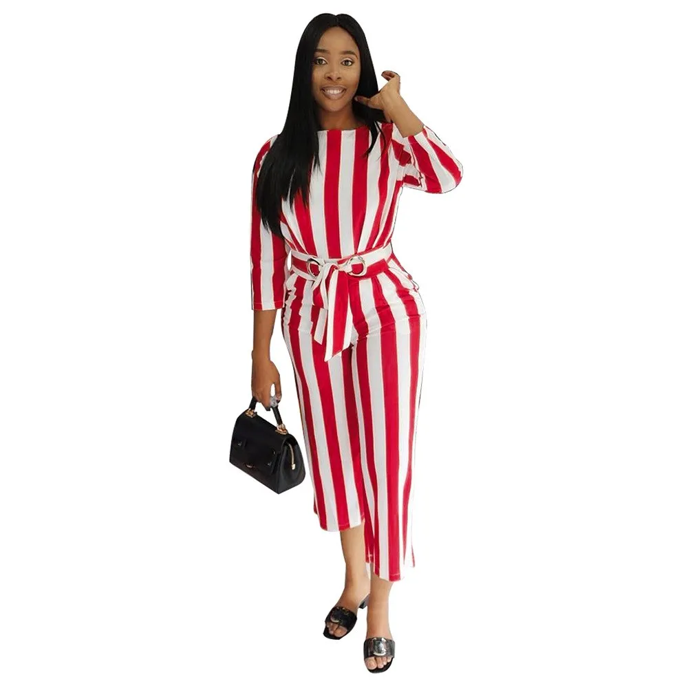 2018 mujer Otoño de manga larga Sash Sexy Jumpsuit Bandage Stripe mono ...