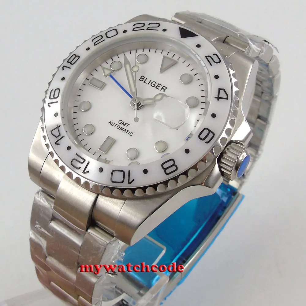 40mm bliger white dial GMT ceramic Bezel sapphire glass automatic mens ...