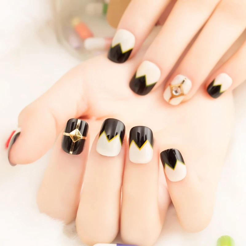 22pcs Fashion False Nails Black Serrated Fake Nail 3d Rivet Stones ...