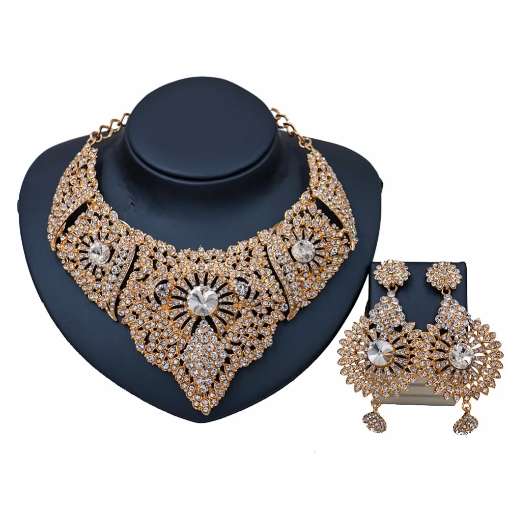 Gold Color Jewelry Sets for Women Wedding Dress Crystal Pendant ...