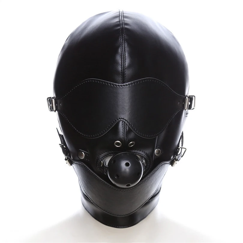 Black Sex Mask Fetish Bdsm Leather Mouth Eye Slave Hood Ball Gag Sex Product Toy Bondage Erotic