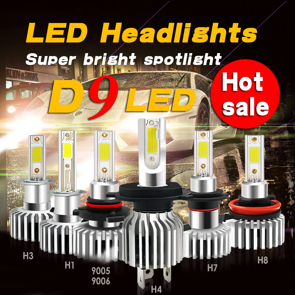 Lâmpadas led para farol de carro, d9 s2 c6 h4 h7 h11 h1 60w 9005 9006 h3 9012 cob 6500k 12v 24v ...
