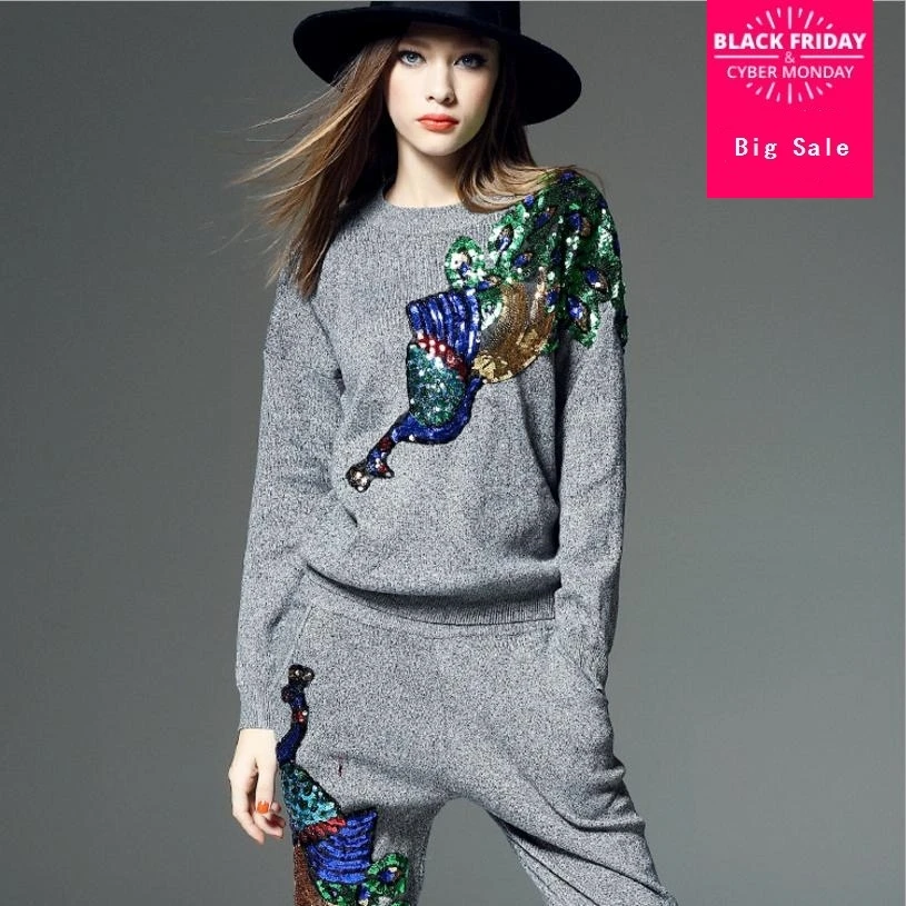 High end knit suits women two pieces set sequined design sweater top ...