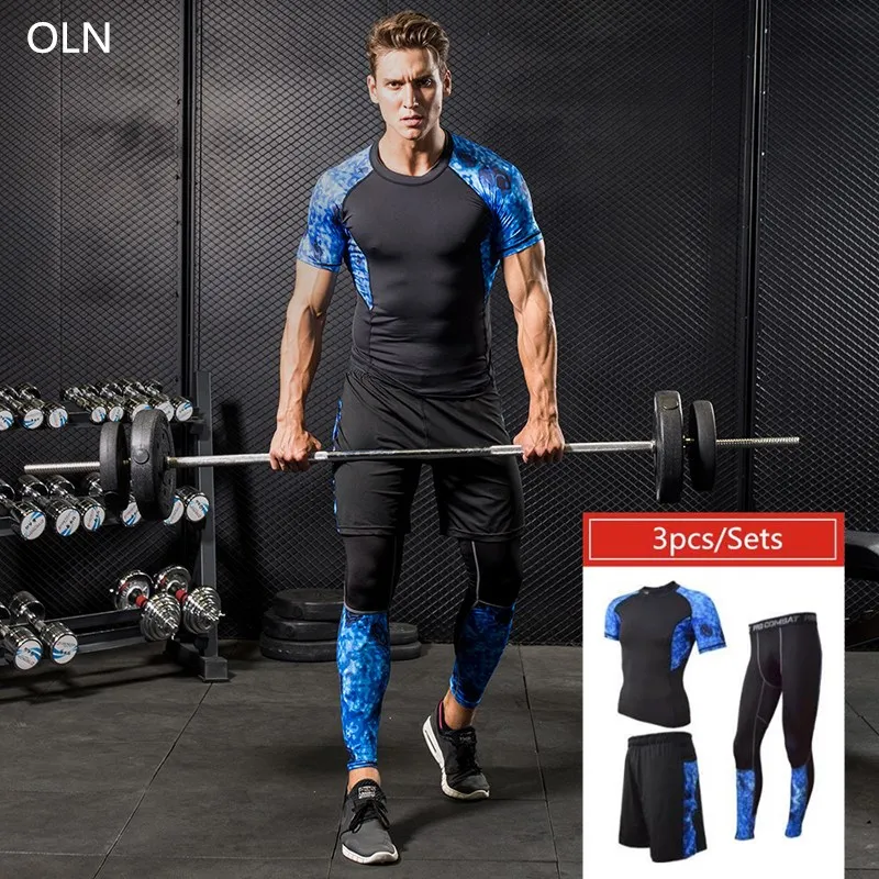 OLN Fitness clothing Run jogging set men 3pcs/Sets Compression tight ...