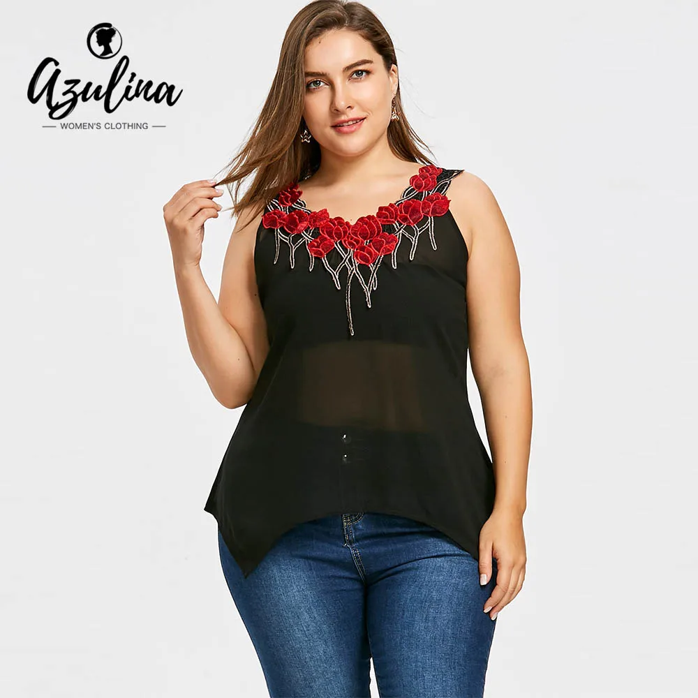 AZULINA Plus Size Floral Asymmetrical Tank Top 2018 New Round Neck ...