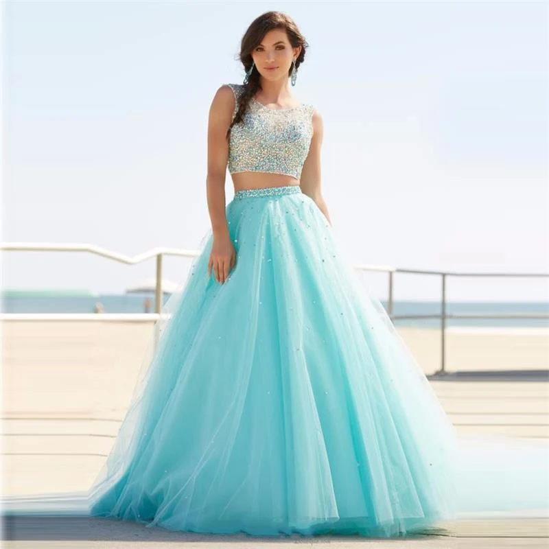 Light Blue A Line Beaded 2 Two Pieces Prom Dresses Long Fast Shipping