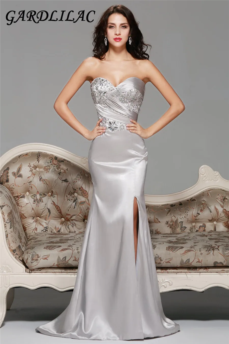 Gray Taffeta Sweetheart Beading Side Split Long Evening Dress Sexy