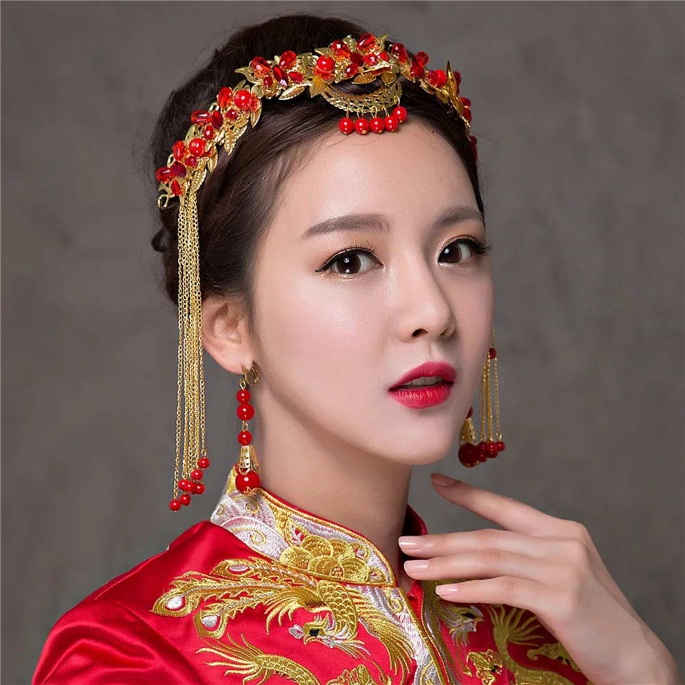 Classic Red Chinese Style Headdress Hair Jewelry Sets Long Tassel ...