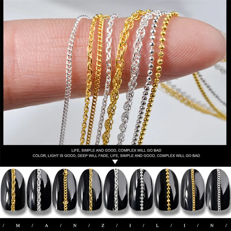 ELECOOL Nail Art Chain Metal Gold Silver Nails Metal Steel Ball Chain ...