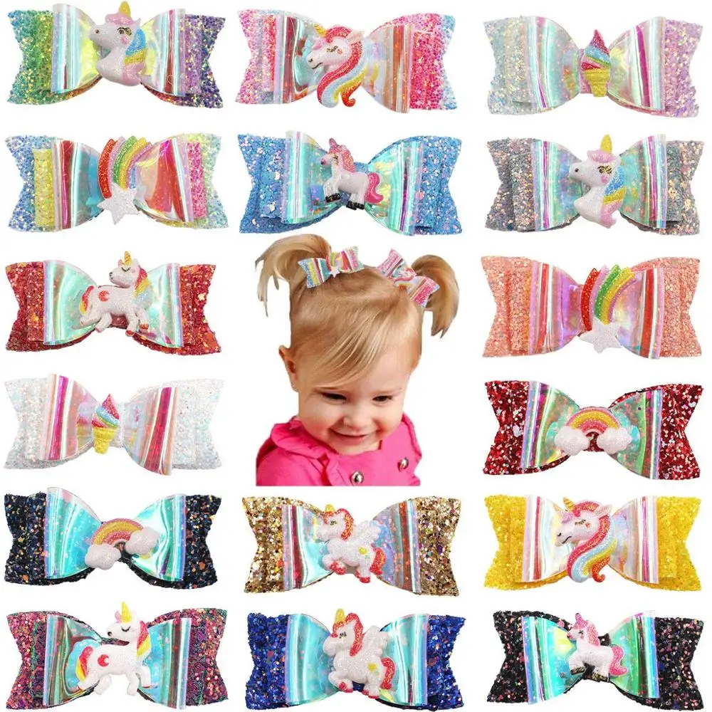 16 шт. 3 дюйма блестящие банты для волос для девочек Радужный Единорог ...