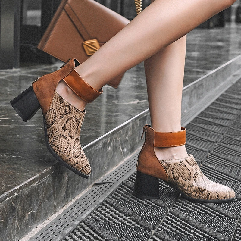 Fashion-Ankle-Boot-Snake-Print-Cross-tie-Hoof-High-Heels-Short-Boots ...