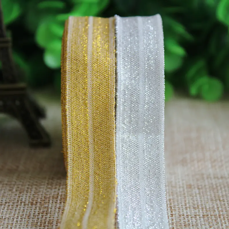Free shipping 16mm silver glitter ribbon fold over elastic foe headwear ...