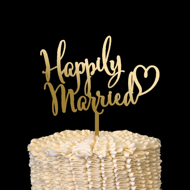 Happily Married Cake Topper Wood Laser Cut Gold Wedding Decor Bridal ...