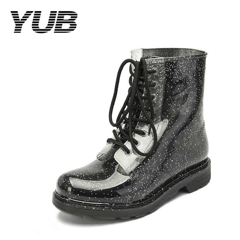 YUB Brand Women Rain Boot with Lace Up Rubber Sole Waterproof PVC Ankle ...