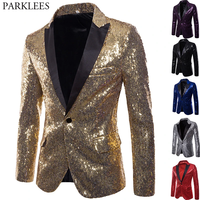 Shiny Gold Sequin Glitter Verfraaid Blazer Jas Mannen Nachtclub Prom ...