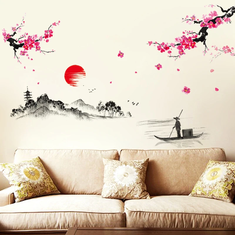 Sunset Hill Chinese wall stickers living room TV wall sofa background ...