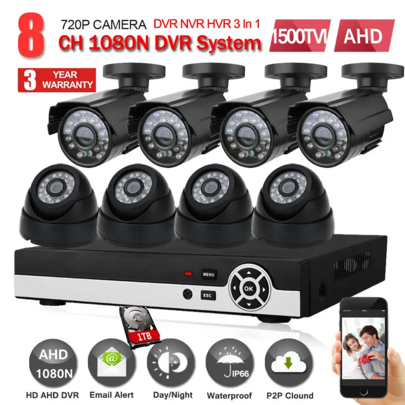 JORANK cámara CCTV de Seguridad para el hogar, Kit de vigilancia con 8 canales, 720P, AHD, DVR ...