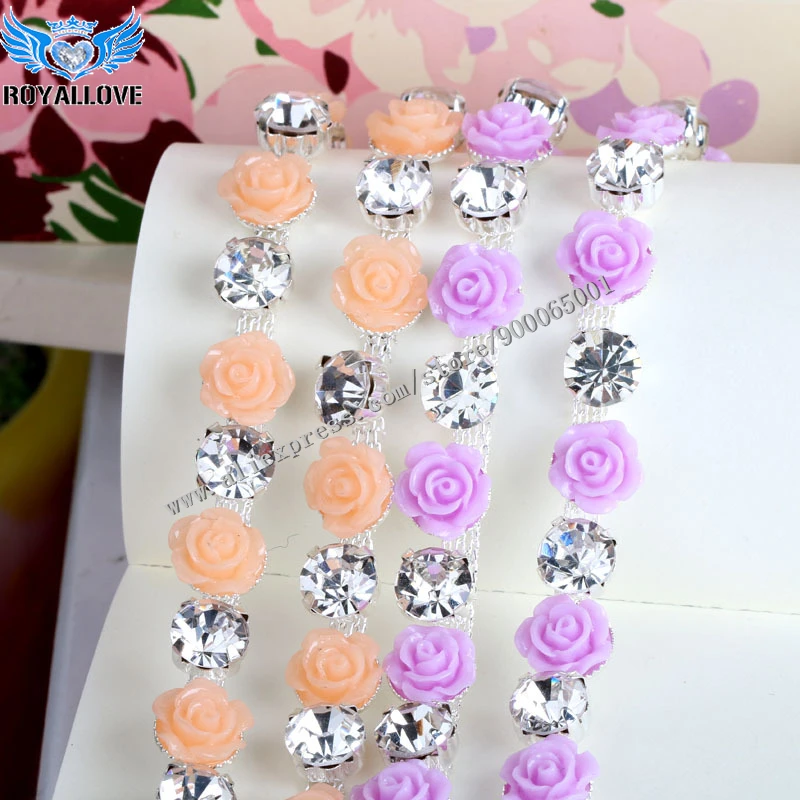 3color Rose Flower Crystal Rhinestones Silver Plated Ribbon Chain Trim