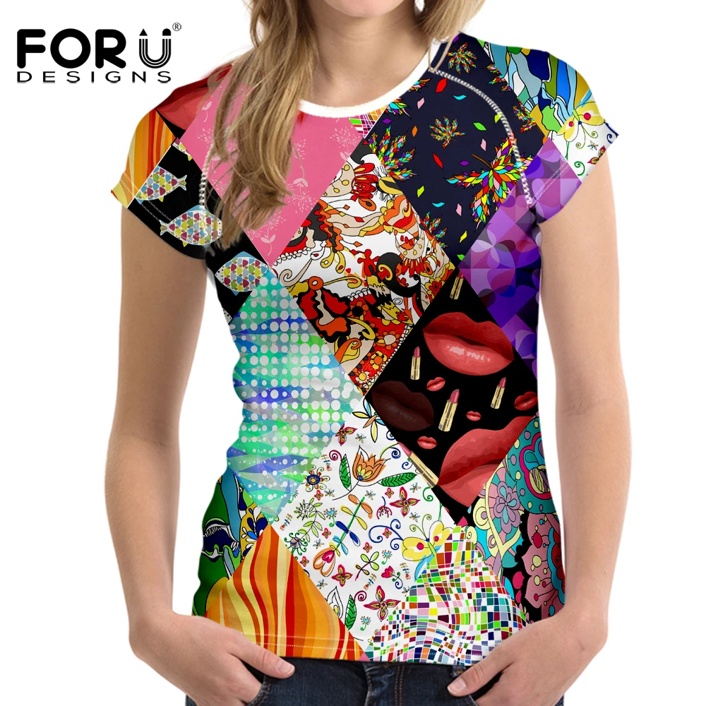 FORUDESIGNS New Patchwork T Shirt Women's T shirts Tops Pretty Design ...