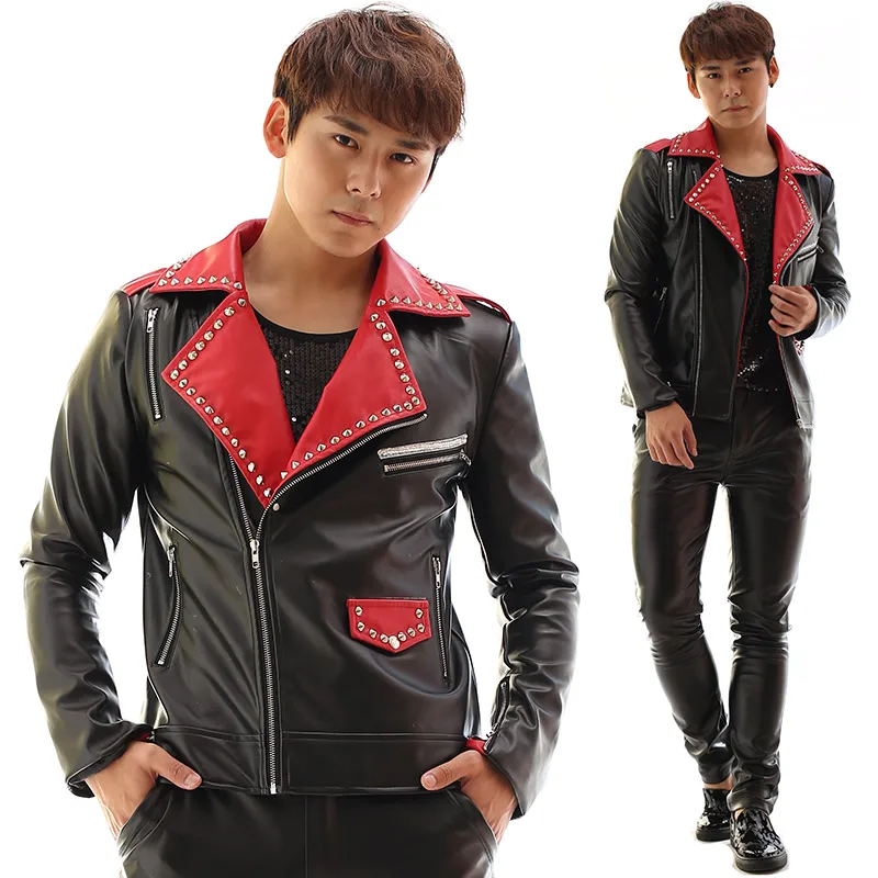 Nightclub Bar Male Singer Dj Fashion Rivets Patchwork Leather Jacket ...