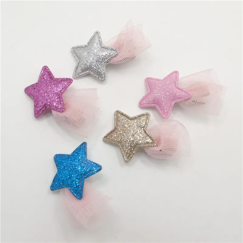 Champagne Silver Pink Color Glitter Star Hair Clips Cotton Tulle Girl ...